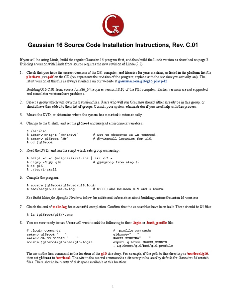 Gaussian 16 Source Code Installation Instructions, Rev. C.01 | PDF | Central Processing Unit ...