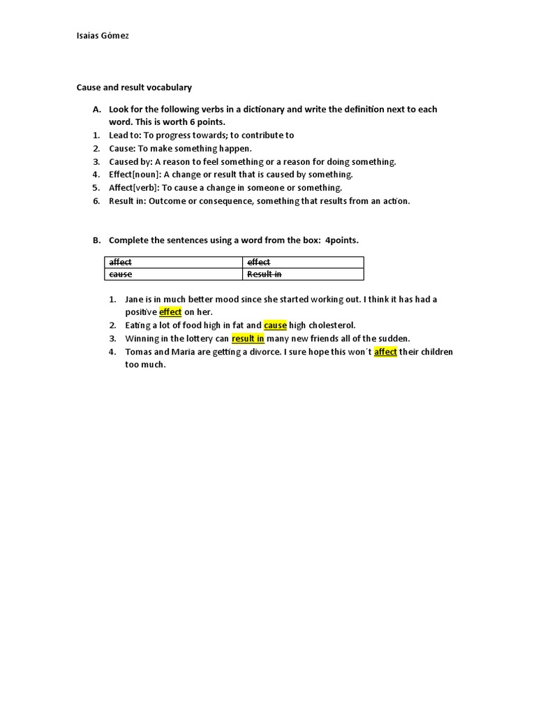 Cause and Result Vocabulary | PDF