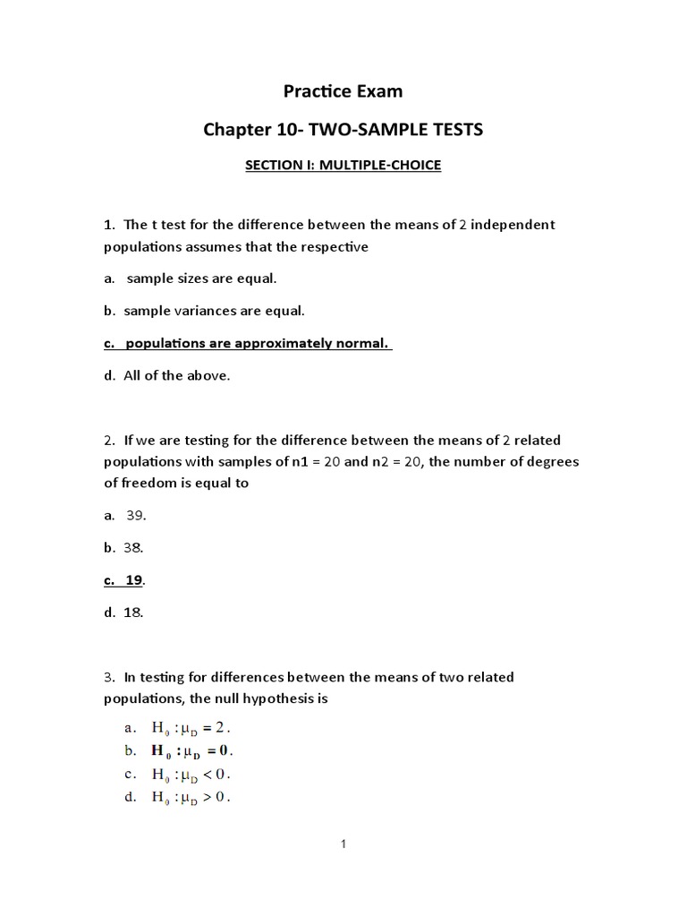Practice Exam Chapter 10-TWO-SAMPLE TESTS: Section I: Multiple-Choice ...