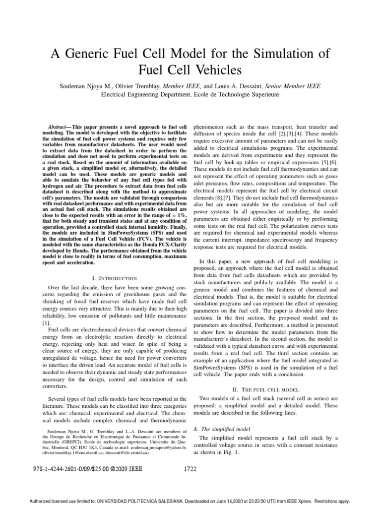 A Generic Fuel Cell Model For The Simulation of Fuell Cell Vehicles ...