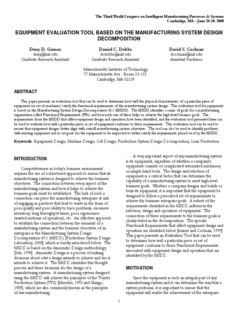 Equipment Evaluation Tool Based On The Manufacturing System Design ...