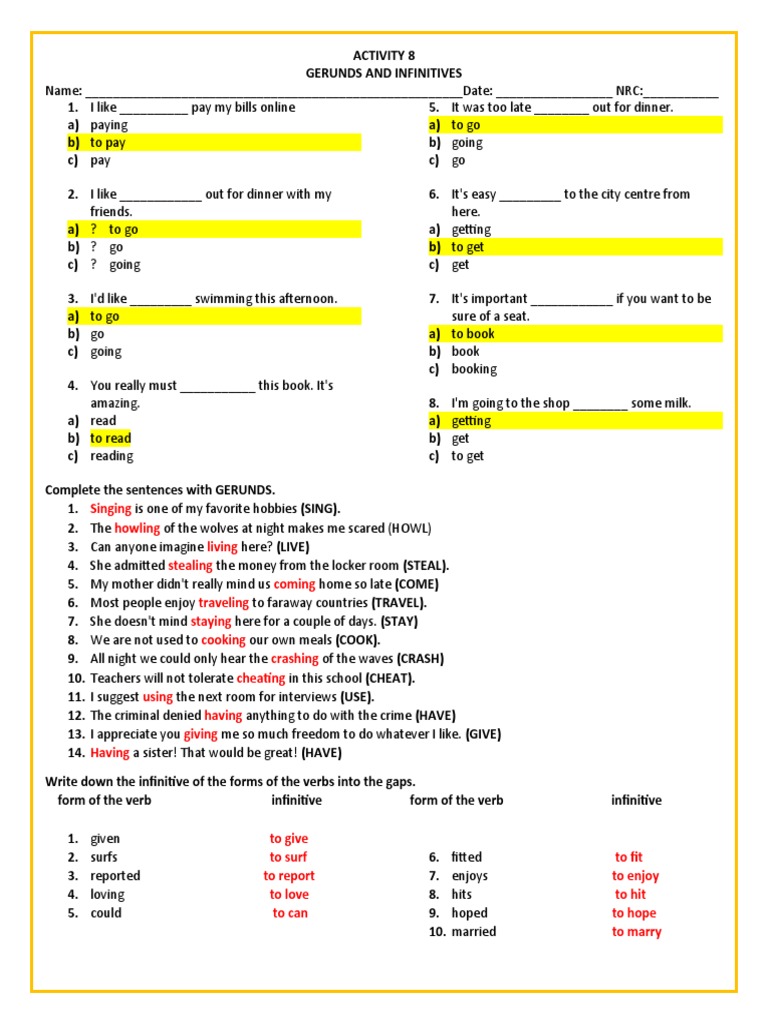 Activity 8 Gerunds and Infinitives | PDF | Morphology | Linguistic ...