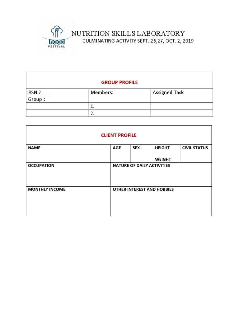 Nutrition Skills Laboratory: Culminating Activity Sept. 25,27, Oct. 2 ...