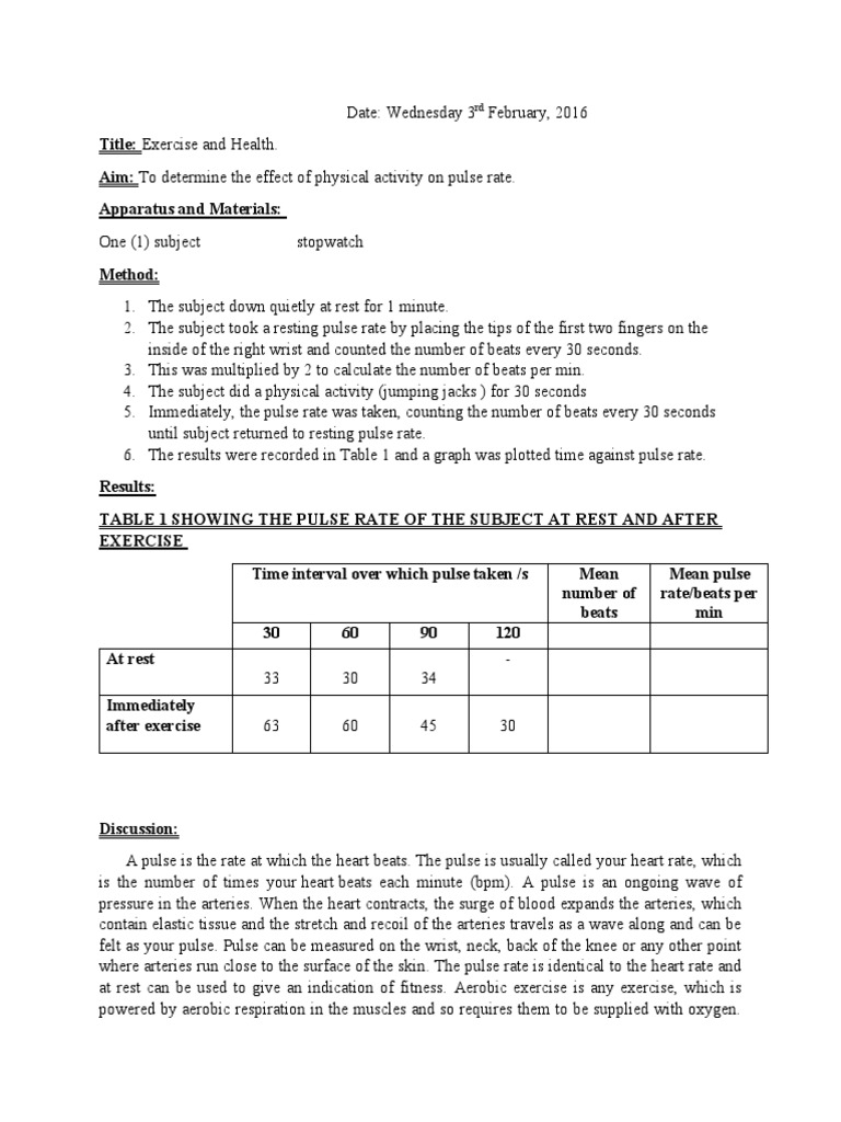 Effect of Exercise on Pulse Rate | PDF | Heart Rate | Pulse