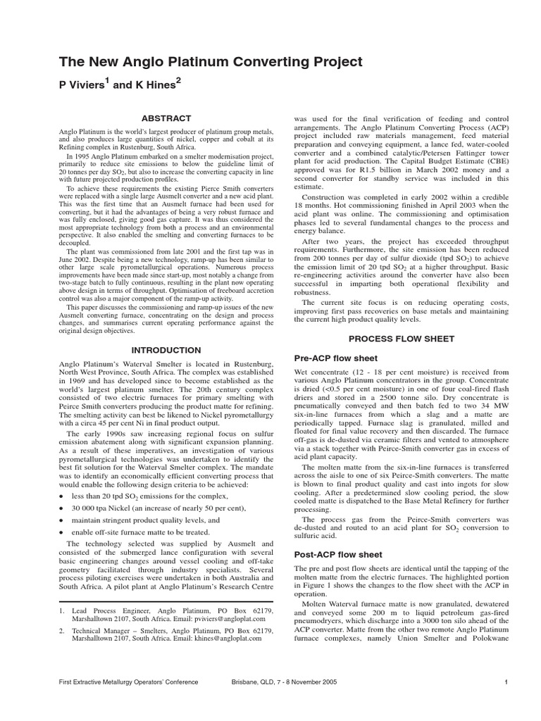 The New Anglo Platinum Converting Project: P Viviers and K Hines | PDF ...