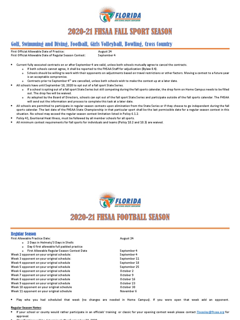2020-21 FHSAA Fall Sports Season Calendar Information | PDF | Sports ...