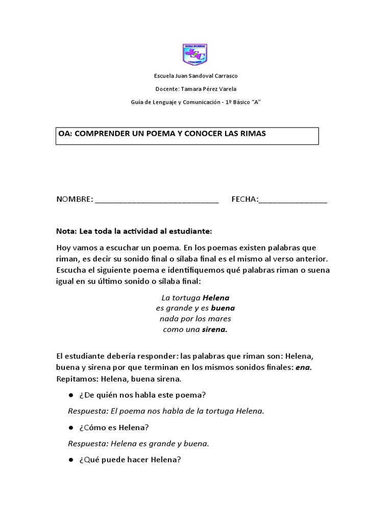Respuestas a un poema para 1º Básico | PDF