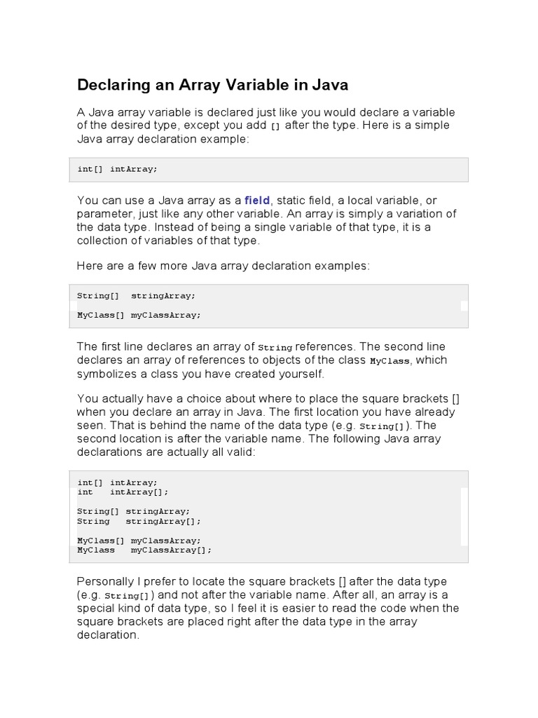 Declaring An Array Variable In Java Pdf Array Data Structure Variable Computer Science 