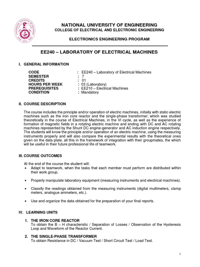 EE240: Electrical Machines Laboratory | PDF | Force | Electricity