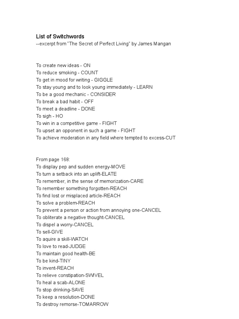List of Switchwords | PDF | Psychology | Psychological Concepts