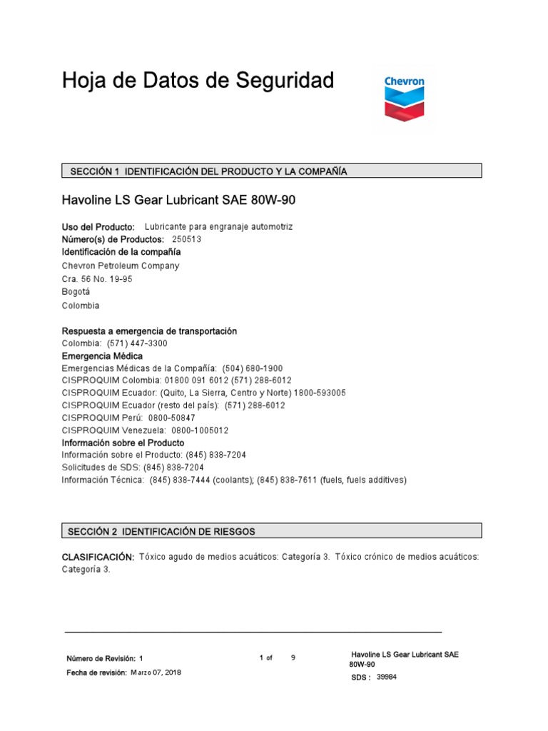 MSDS Havoline LS Gear Lubricant SAE 80W-90 | PDF | Dióxido de carbono | Combustión