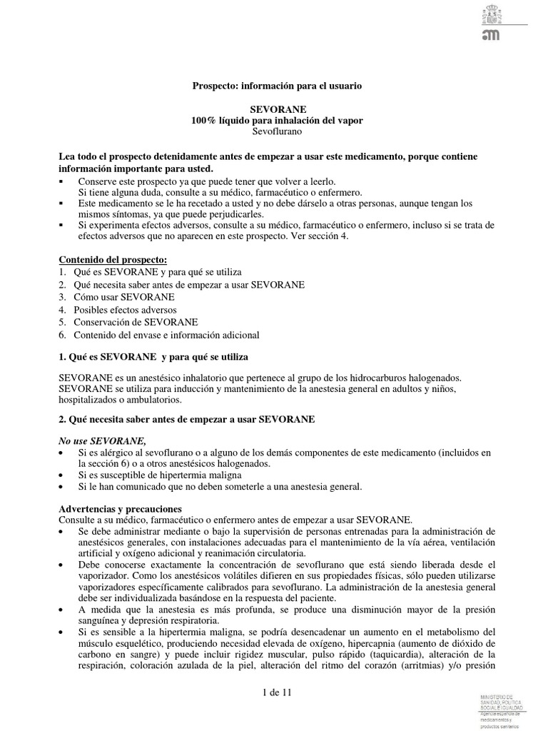 FICHA TÉCNICA - SEVOFLURANO 100% - SEVOrane | PDF | Efecto adverso ...