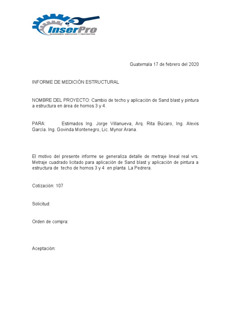 Informe de Excedente Estructura Hornos 3 y 4 - INSERPRO | PDF ...