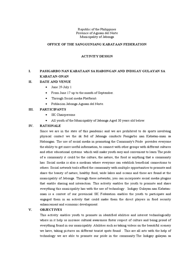 Sanguniang Kabataan FED ACTIVITY DESIGN | PDF | Community | Social Media