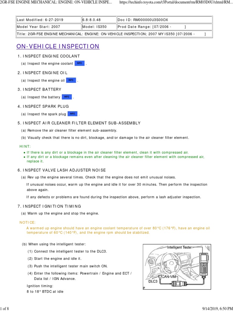 Comprehensive On-Vehicle Inspection Procedure for the 2GR-FSE Engine in ...