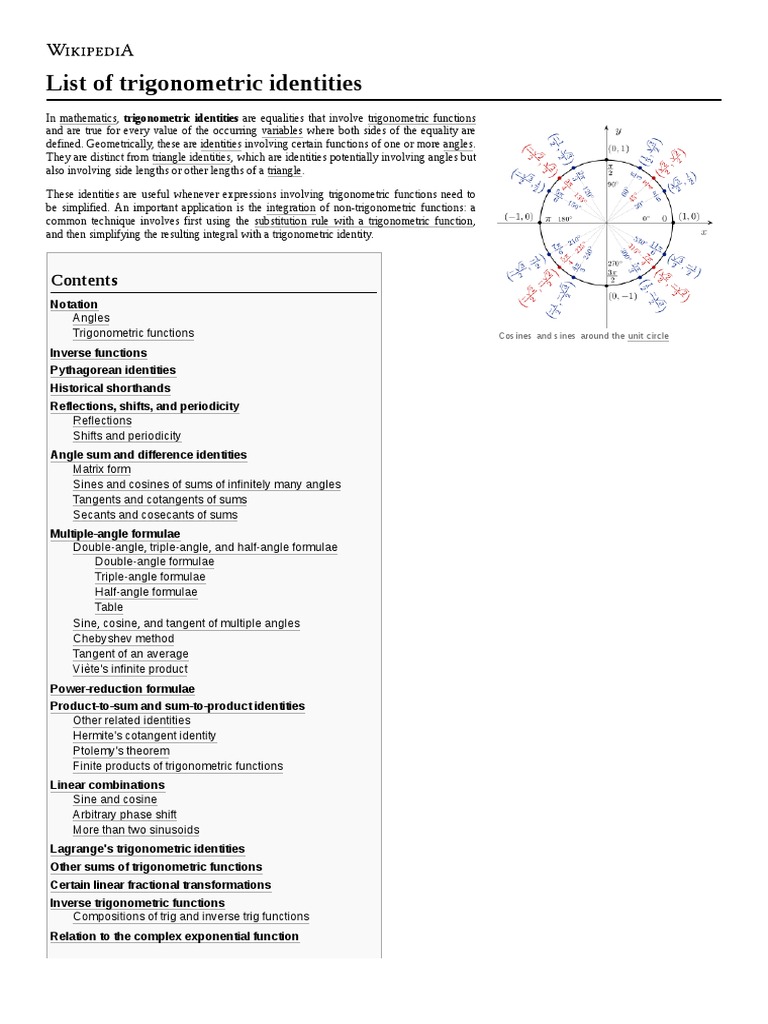 List of Trigonometric Identities: Cosines and Sines Around The Unit ...