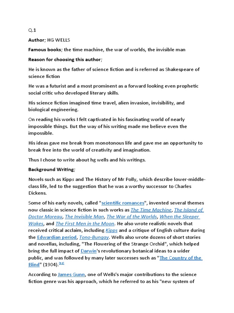 Author HG WELLS Famous Books The Time Machine, The War of Worlds, The ...