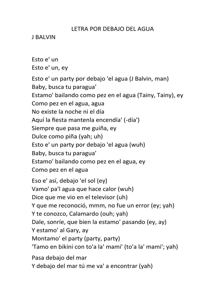 Letra Por Debajo Del Agua J Balvin | PDF