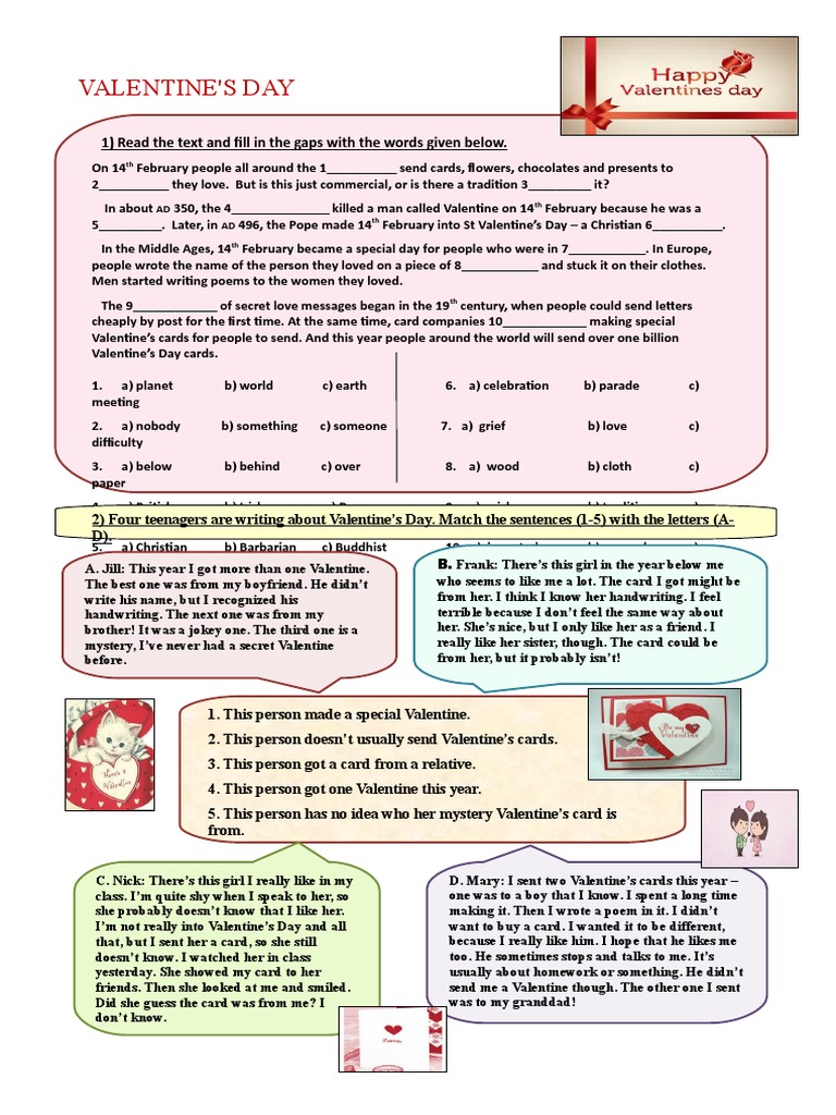 Valentines Day Reading Reading Comprehension Exercises Warmers Coolers ...