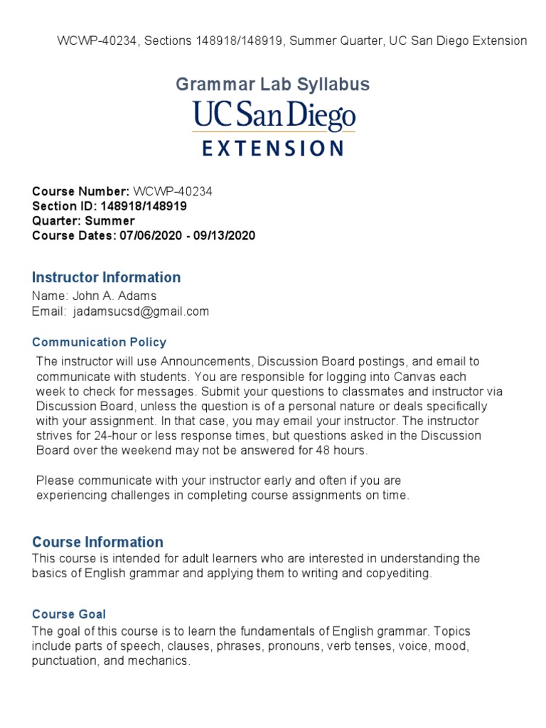 Grammar Lab Syllabus: Instructor Information | PDF | English Grammar | Verb