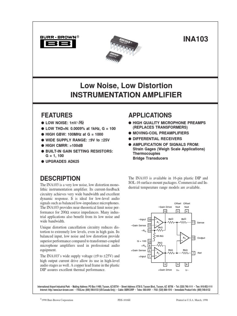 Features Applications: 1990 Burr-Brown Corporation PDS-1016H Printed in ...