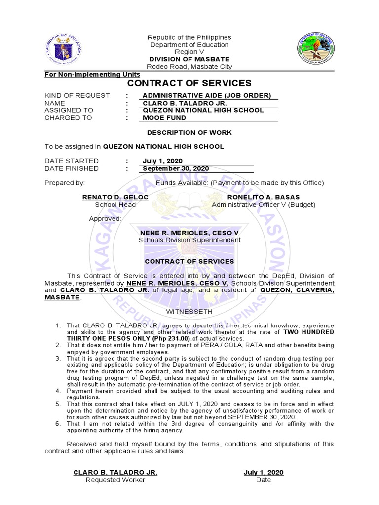 CONTRACT OF SERVICES - Deped - New - QUEZON NHS | PDF | Drug Test ...