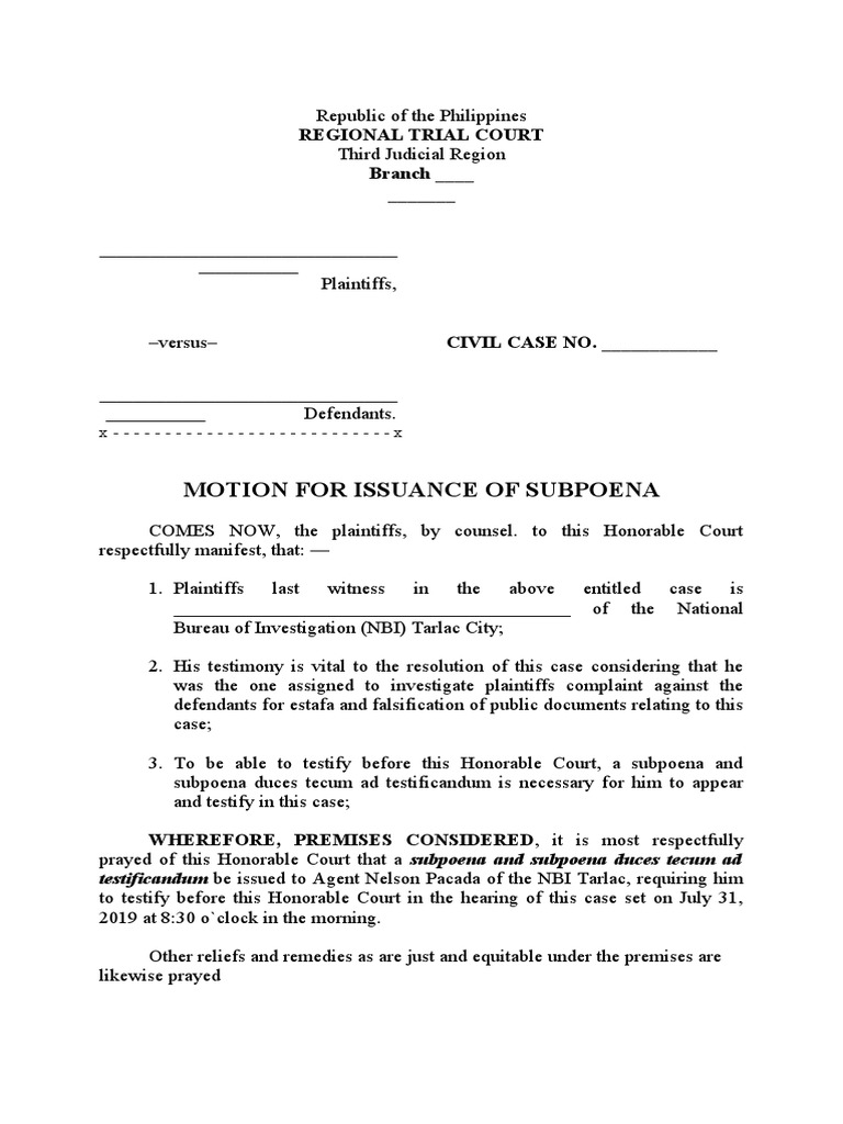 Motion for Subpoena Issuance in Case | PDF | Social Science