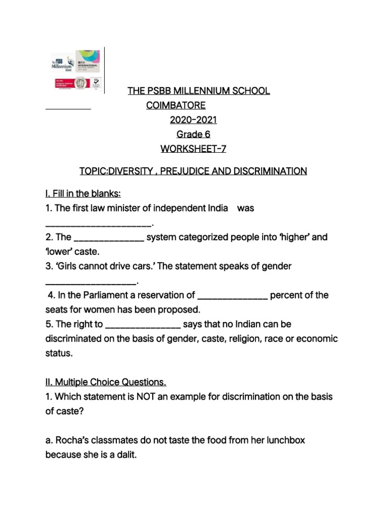 Diversity, Discrimination and Prejudice, Worksheet | PDF