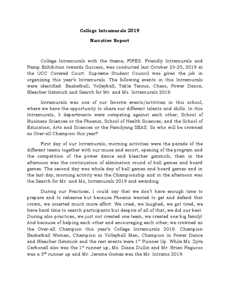College Intramurals 2019 Narrative Report: ST ST RD | PDF
