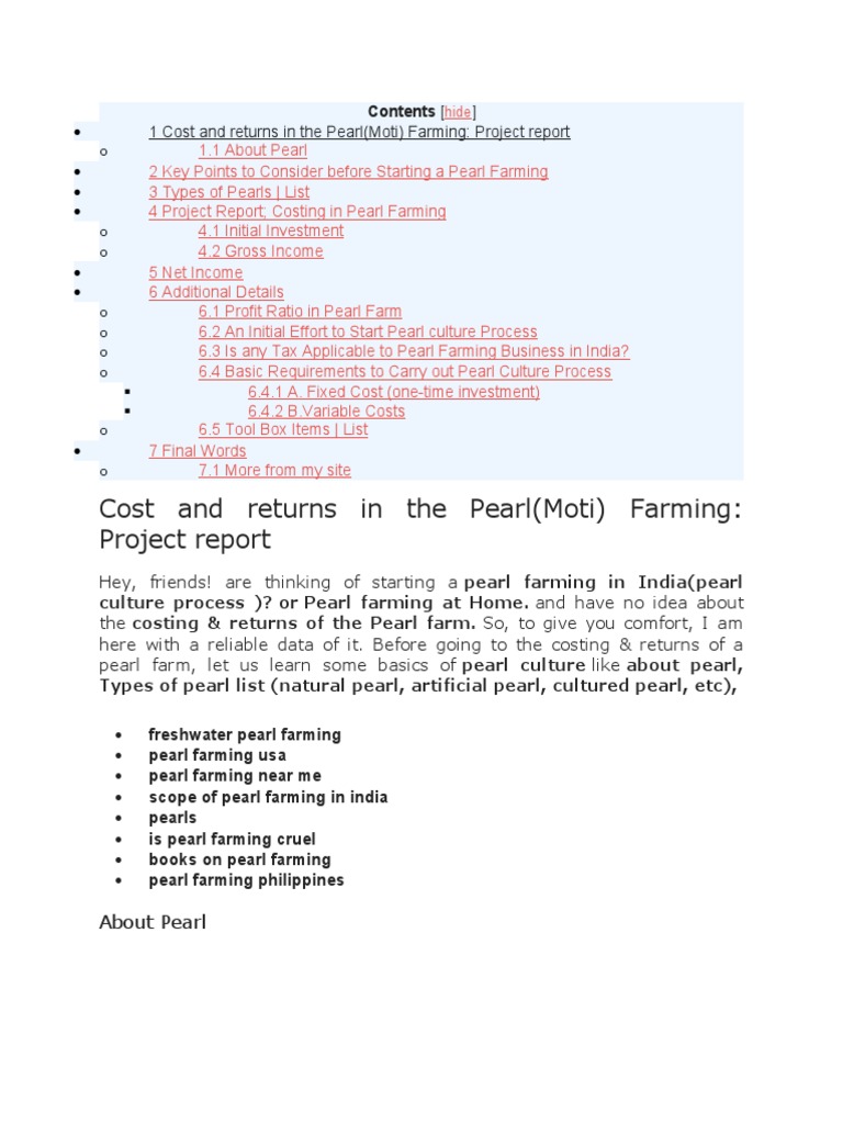 Cost and Returns in The Pearl (Moti) Farming: Project Report | PDF ...