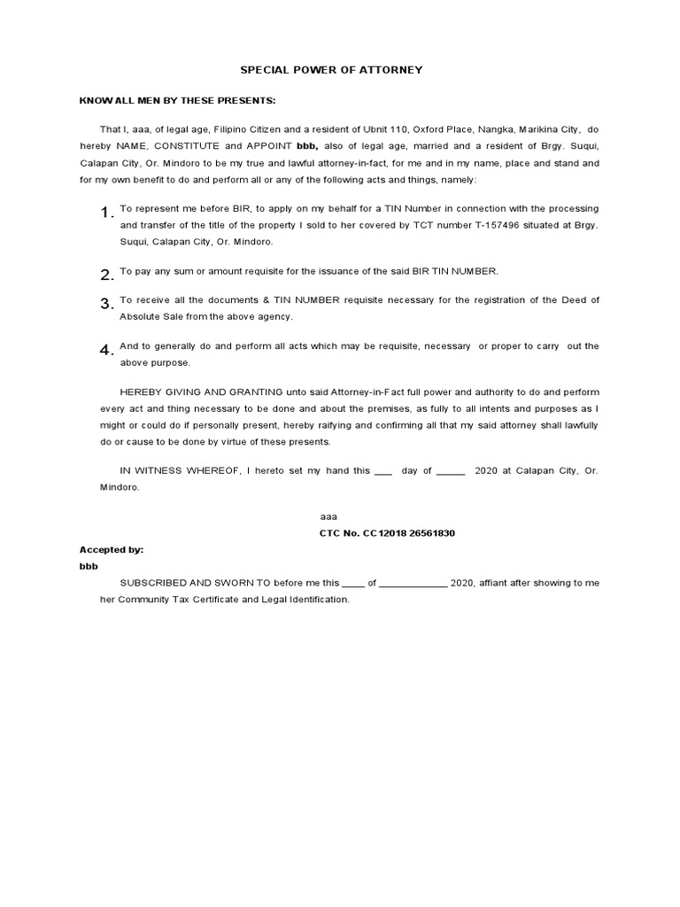 Spa For Processing of Bir Tin Number | PDF | Power Of Attorney | Common Law