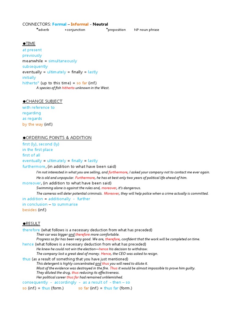 CONNECTORS Formal - Informal | PDF | Syntax | Cognitive Science