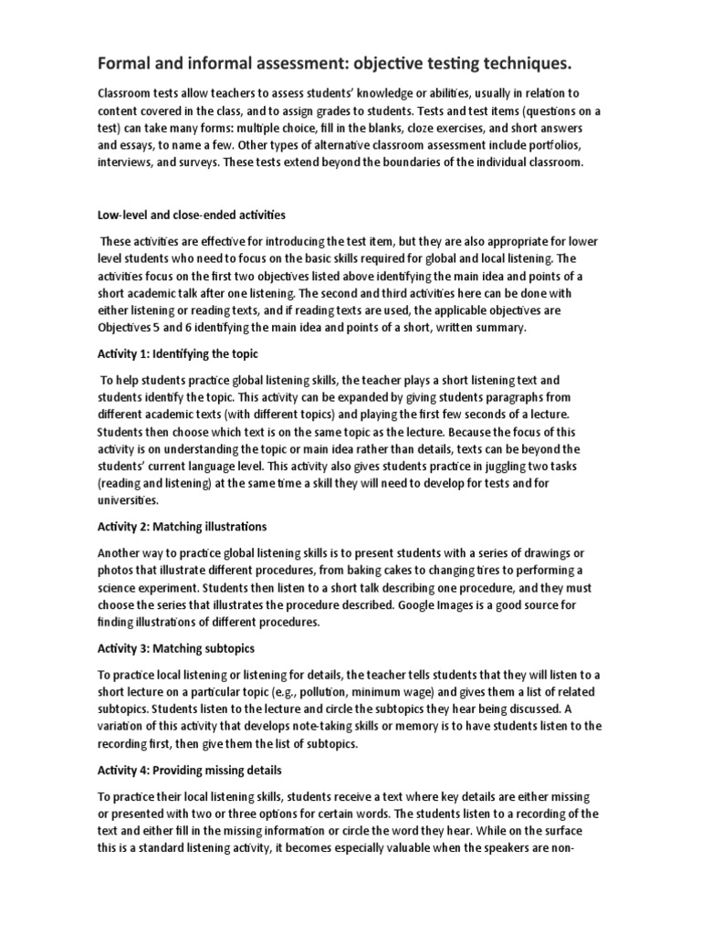 Formal and Informal Assessment Objective Testing Techniques | PDF ...