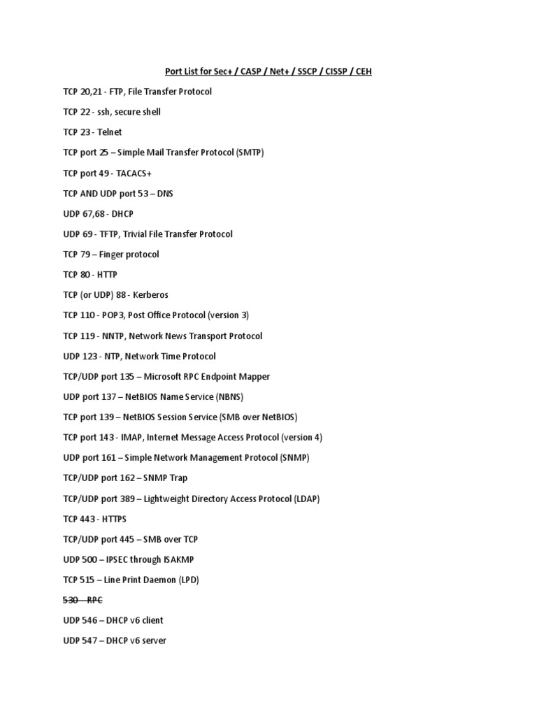 Common Network Port Numbers List | PDF