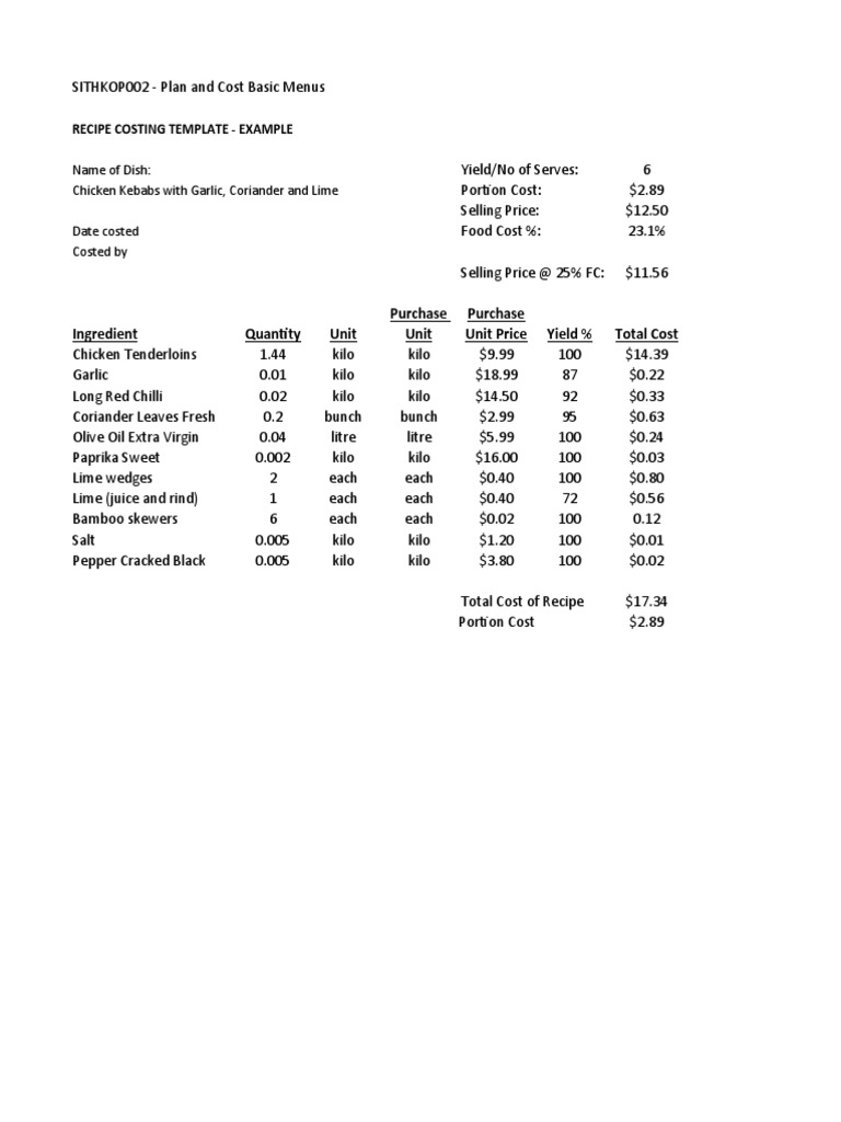 Menu Costing Template - 2 | PDF