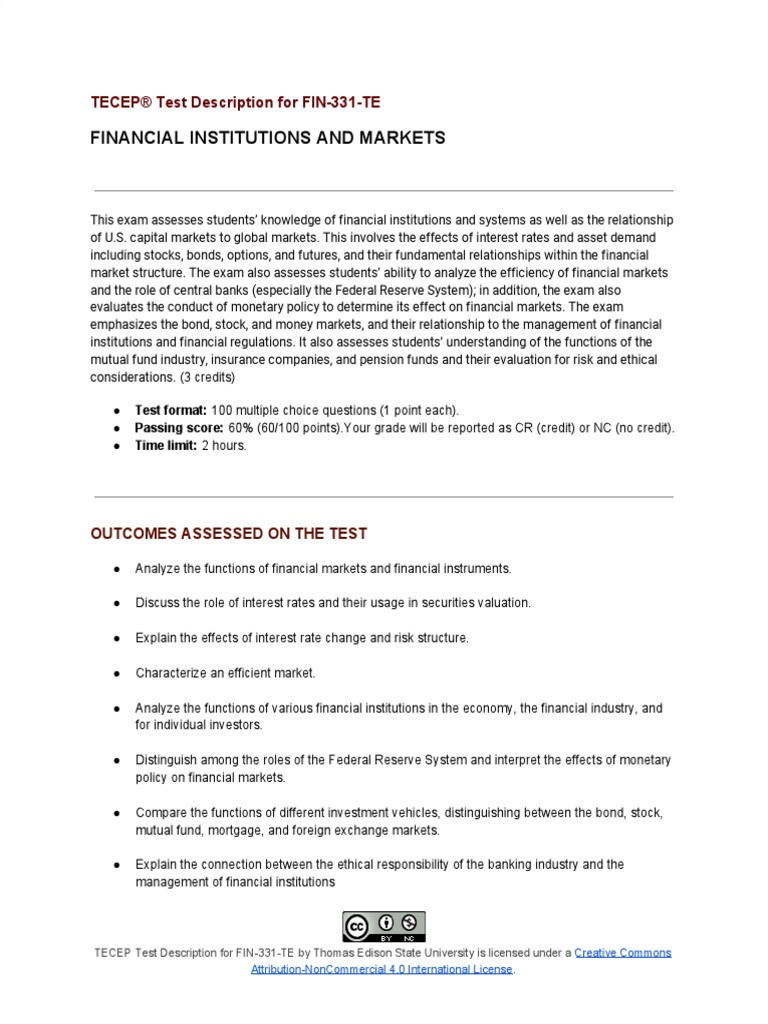 Financial Institutions and Markets: TECEP® Test Description For FIN-331 ...