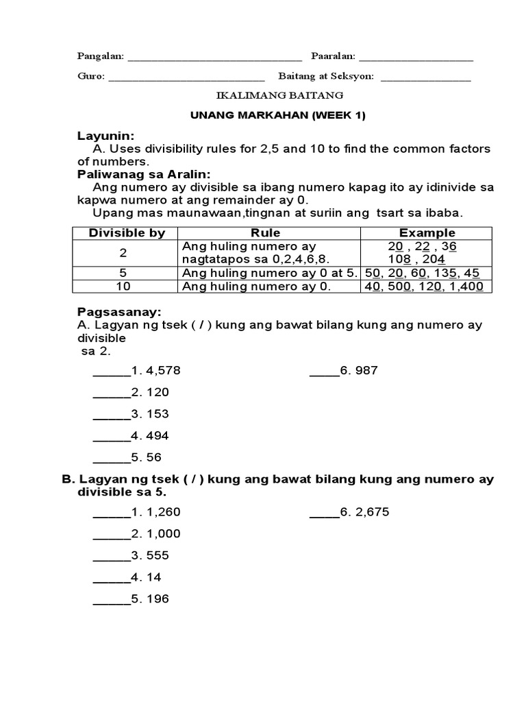 Math 5 Q1 Activity Sheet | PDF