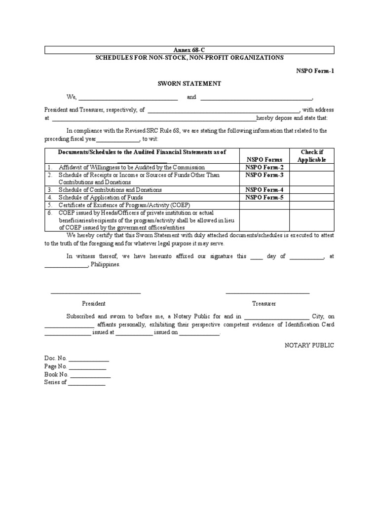 Annex 68-C Schedules For Non-Stock, Non-Profit Organizations NSPO Form ...