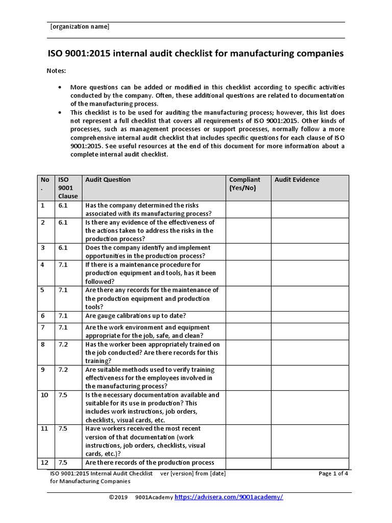 ISO 9001:2015 Internal Audit Checklist For Manufacturing Companies ...