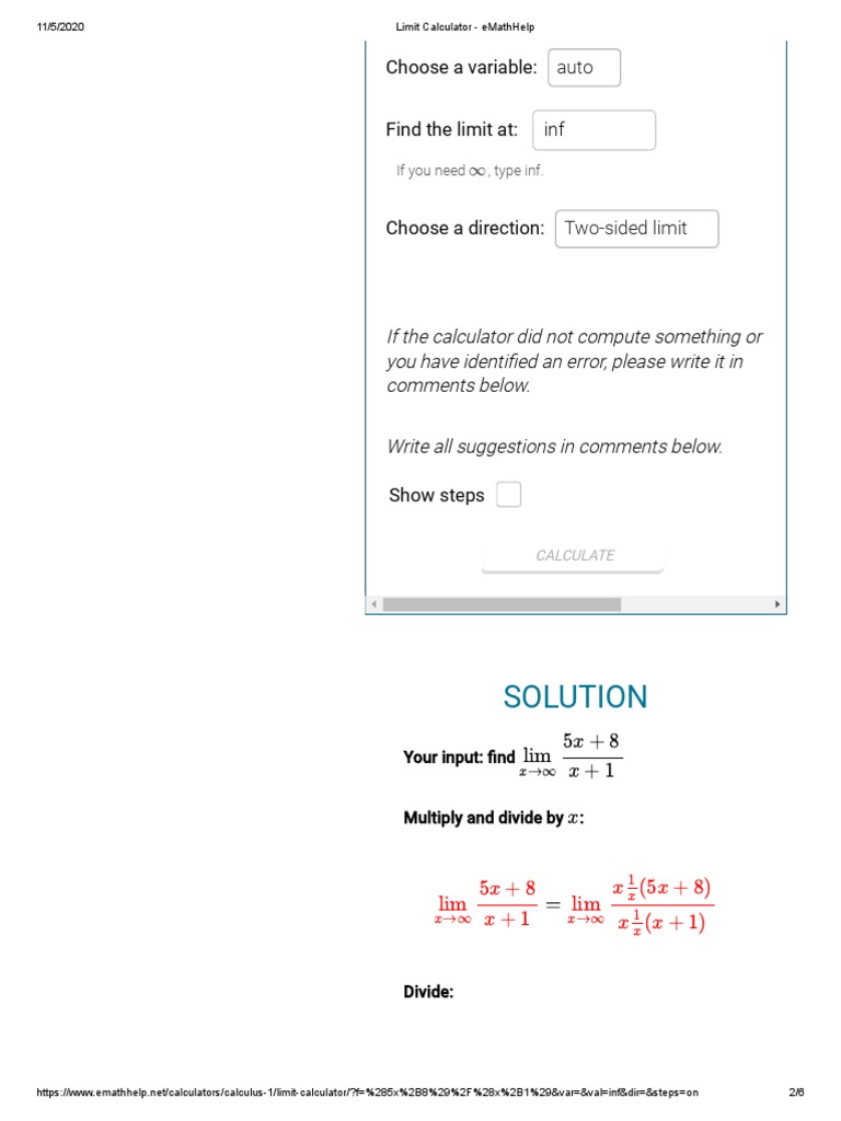 Limit Calculator - eMathHelp | PDF | Mathematical Objects | Computer ...