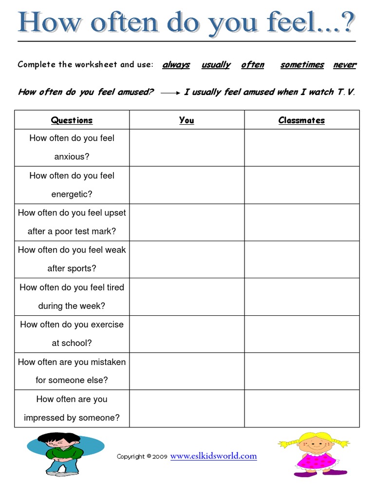 Adverbs of Frequency and Feelings Worksheet | PDF | Career & Growth ...