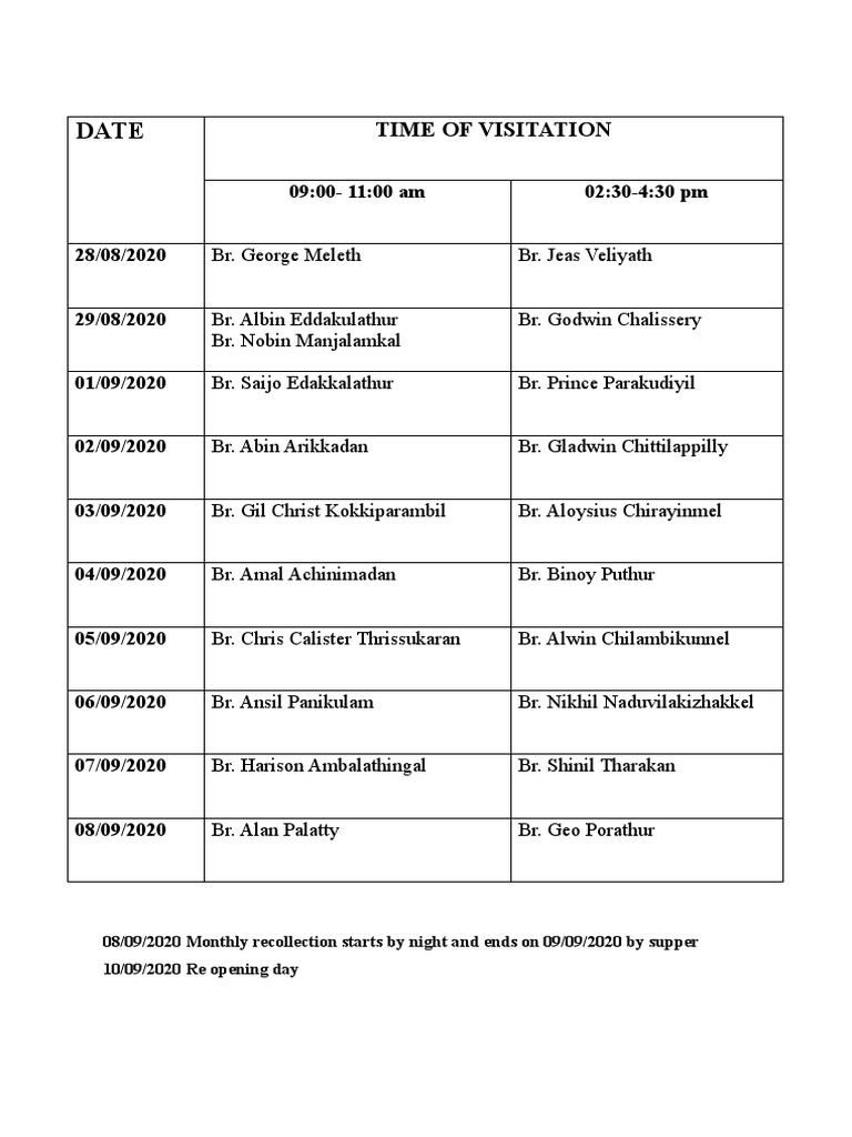 Visitor Schedule and Monthly Recollection Details for St. Joseph's ...