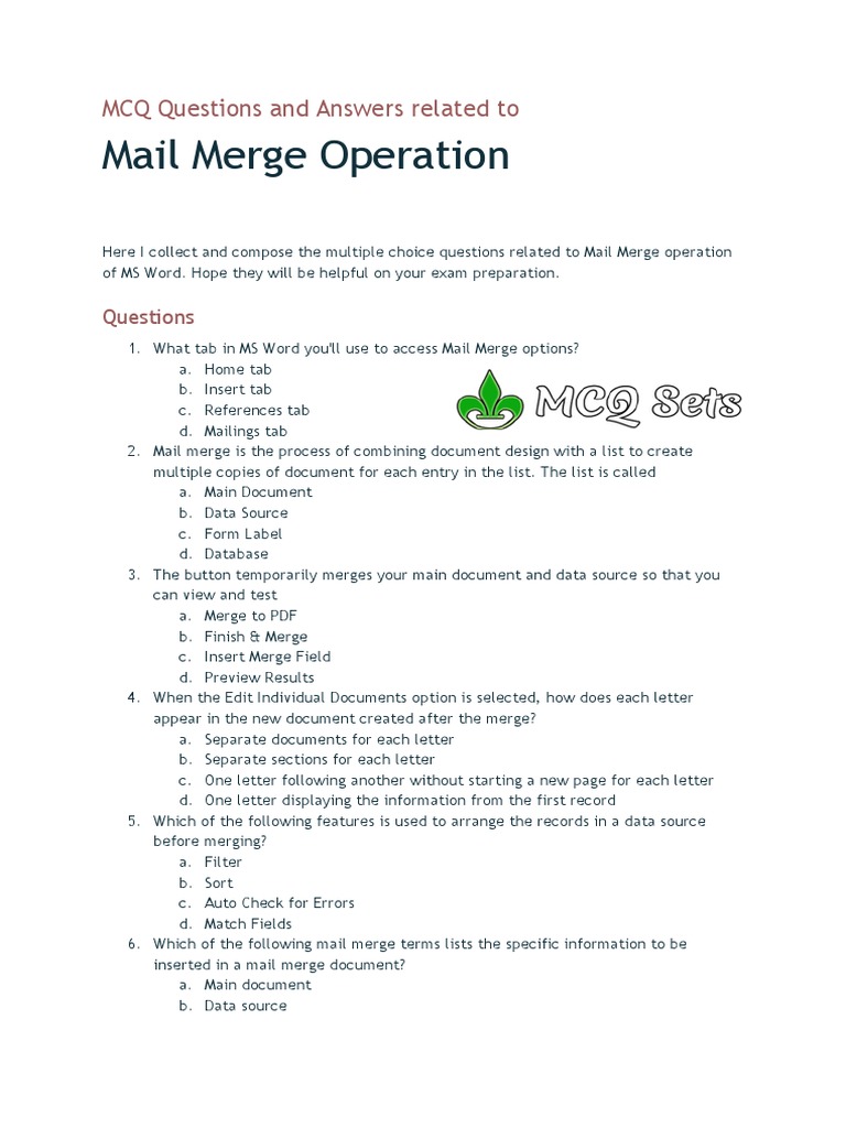 Mail Merge Operation: MCQ Questions and Answers Related To | PDF ...