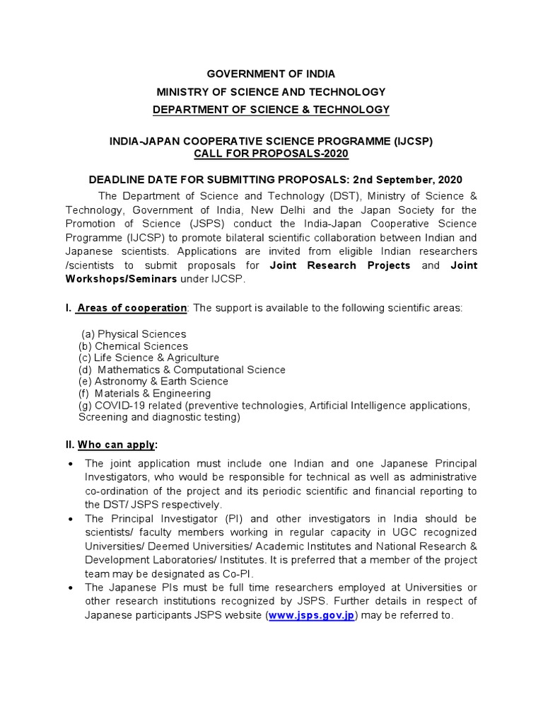 DST-JSPS Call For Proposals 2020 | PDF | Scientist | Science