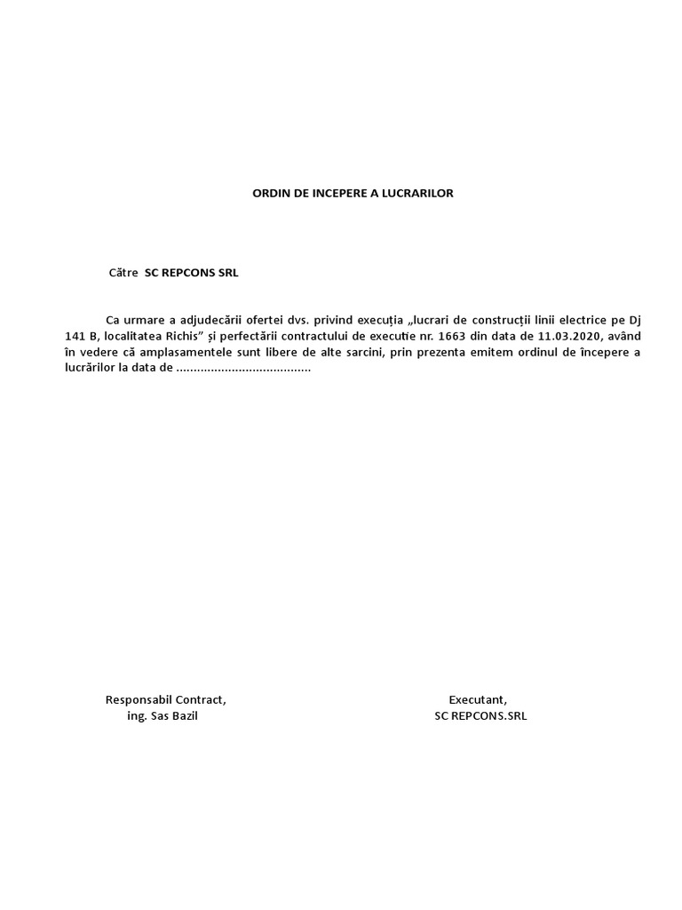 Model Ordin de Incepere Lucrari Rasinari NOU | PDF