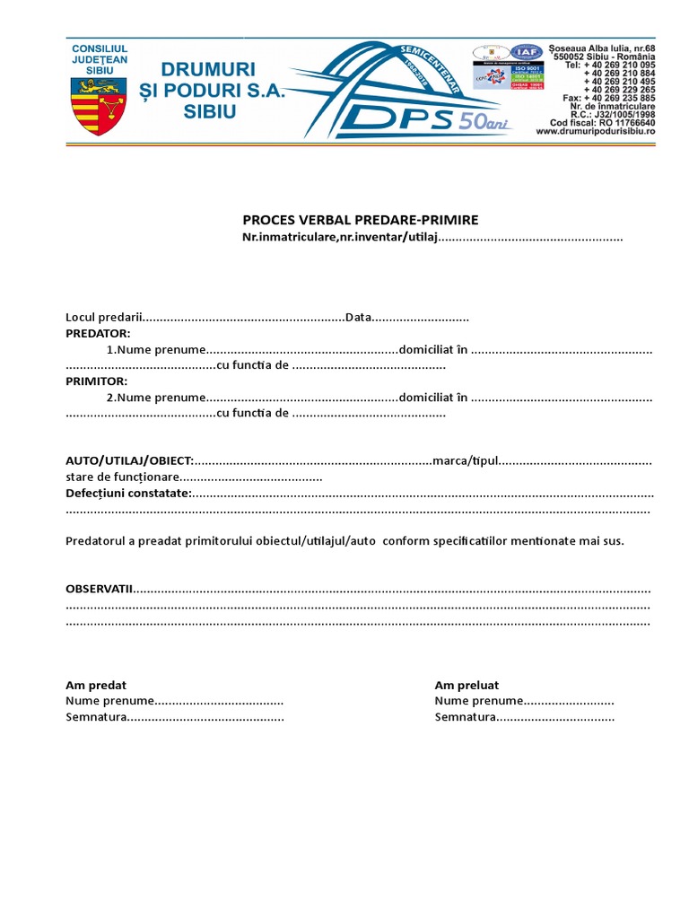 Proces Verbal Predare Primire | PDF