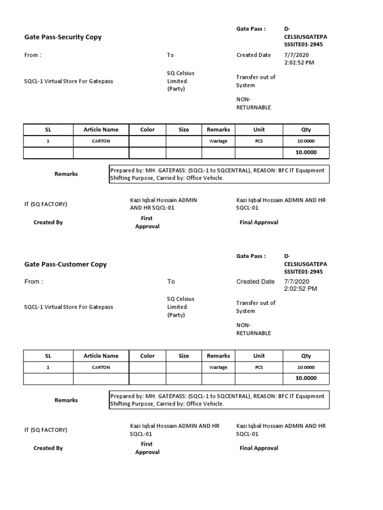 Gate Pass-Security Copy: 1 Carton Wastage PCS 10.0000 | PDF