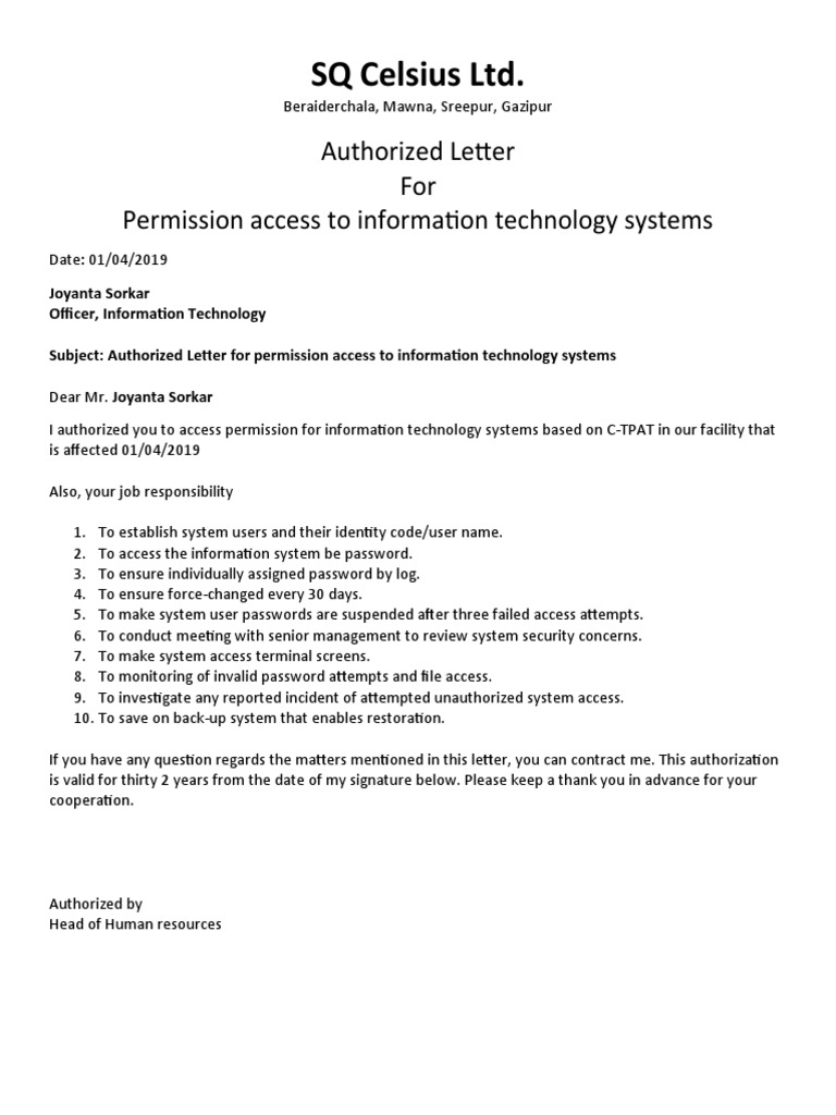 Authorized Letter For Permission Access To Information Technology ...