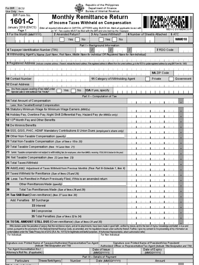 Monthly Remittance Return: of Income Taxes Withheld On Compensation ...