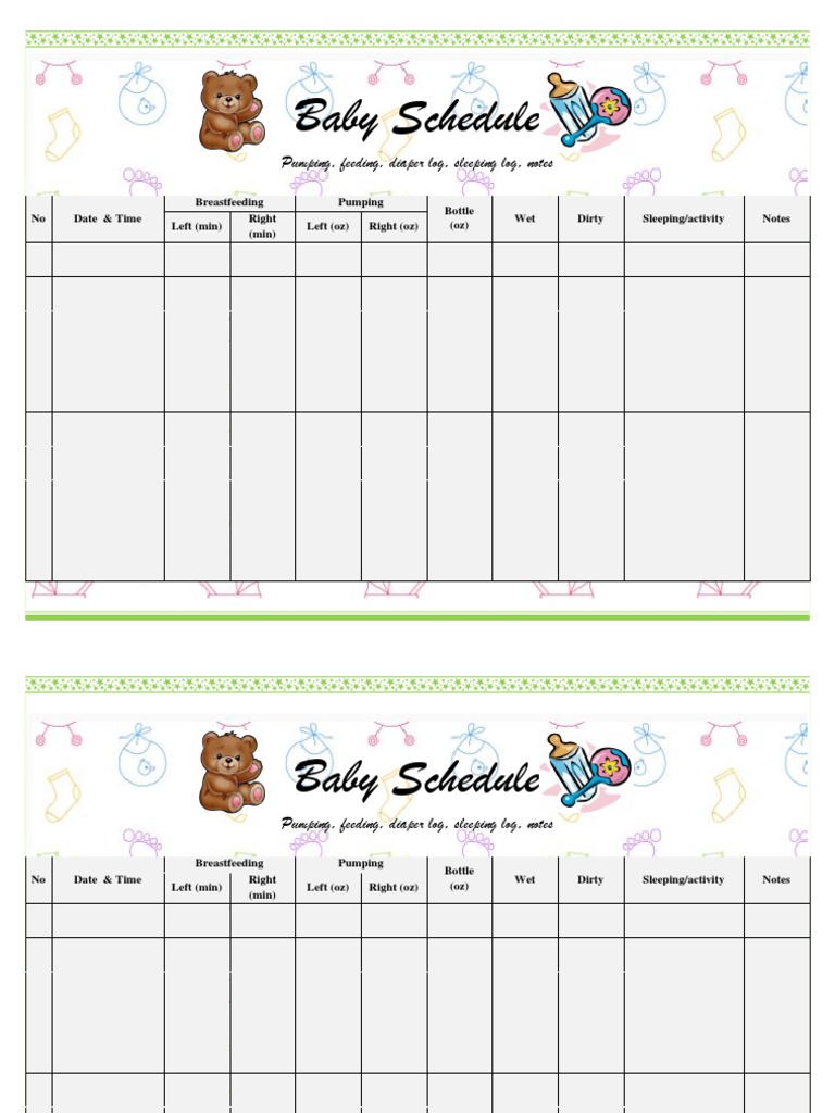 Baby Schedule: Pumping, Feeding, Diaper Log, Sleeping Log, Notes | PDF